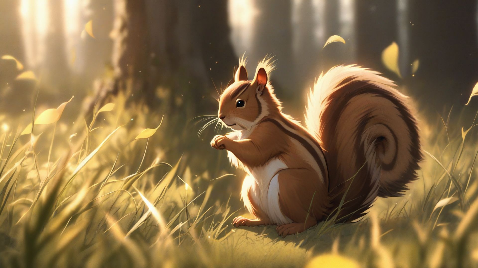Пушистая белка в траве — спокойная анимация природы