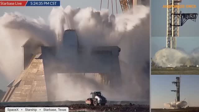 SpaceX тестирует систему водяного орошения на стартовой площадке 2 базы Starbase в Техасе