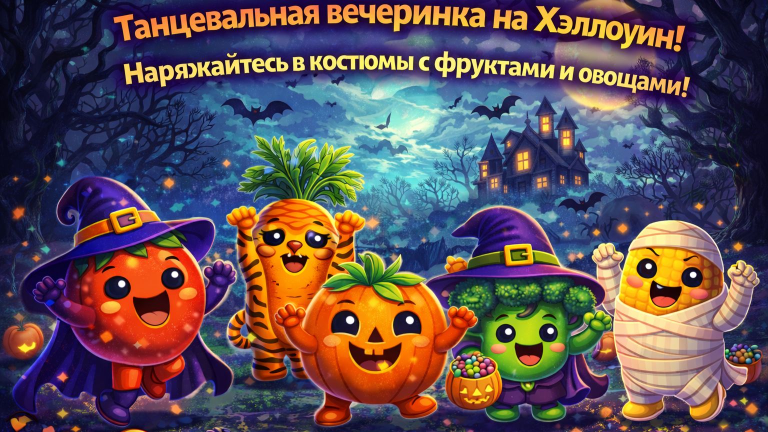 Костюмированная дискотека с фруктами и овощами! 👶🍇 Никаких страшилок — только яркие образы! 🥦🎃💖