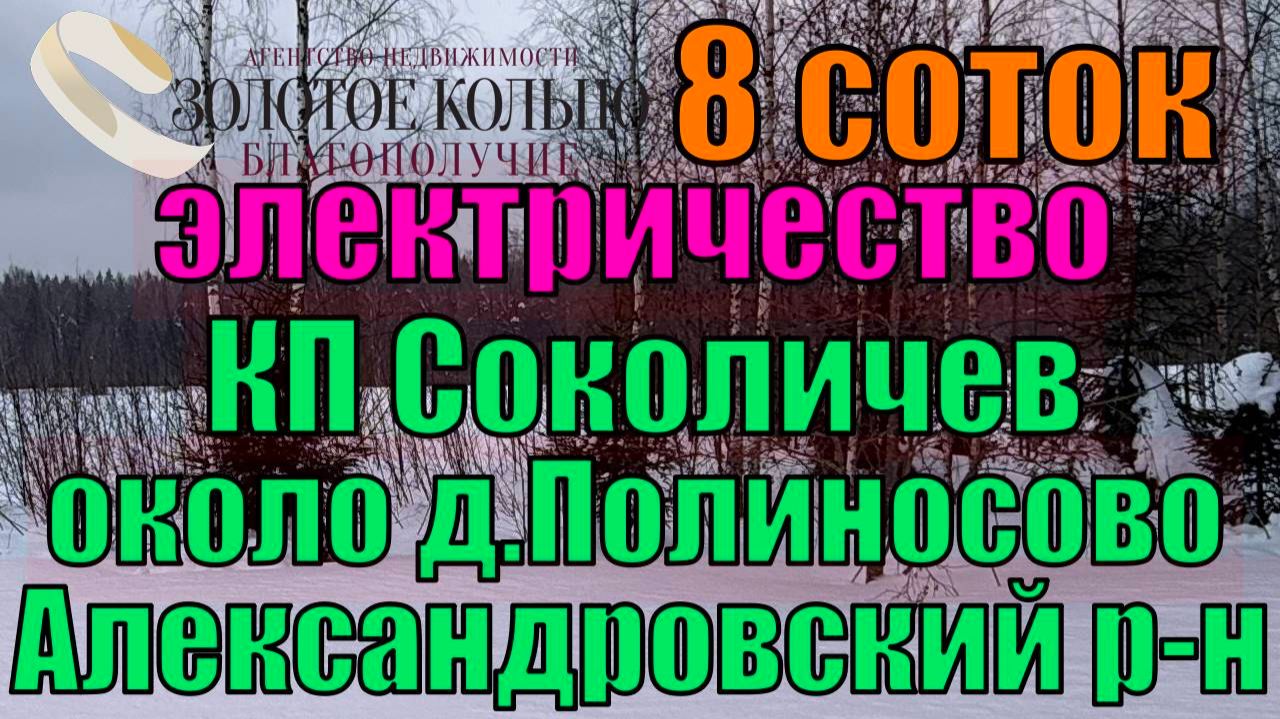 Продается  участок 8 соток в Коттеджном поселке Соколичев, около д. Полиносово, Александровский р-н