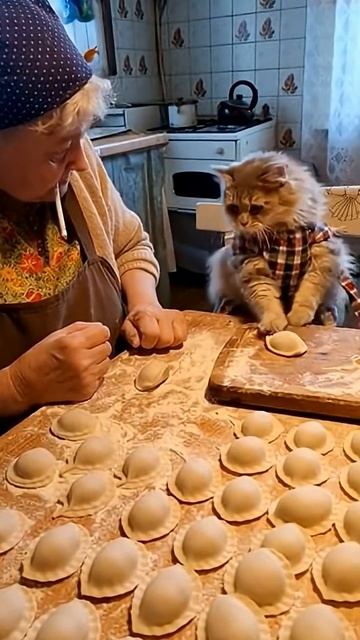 Бабушка с котом лепят пельмени и ссорятся
