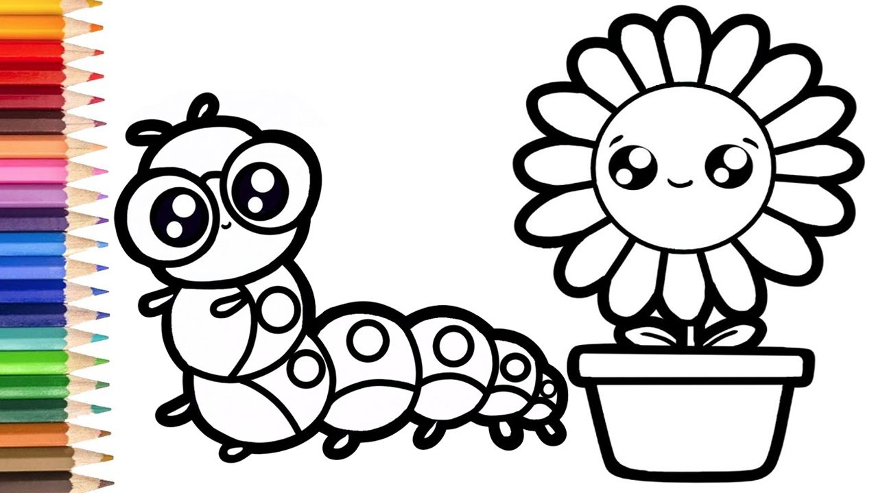 Мультик - раскраска для детей ГУСЕНИЦА и ЦВЕТОК . Учимся как нарисовать ГУСЕНИЦУ И ЦВЕТОК.
