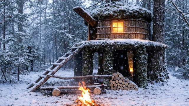 Строительство укрытия для ночлега в лесу.