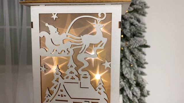 Новогодний фонарик ЧУДО-ЗИМА: Санта в санях, дерево, белый, 8 тёплых белых LED-огней, 1017406-1