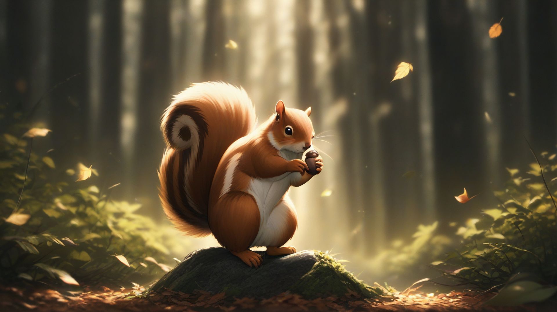 Белка с желудем в лесу — спокойная анимация природы