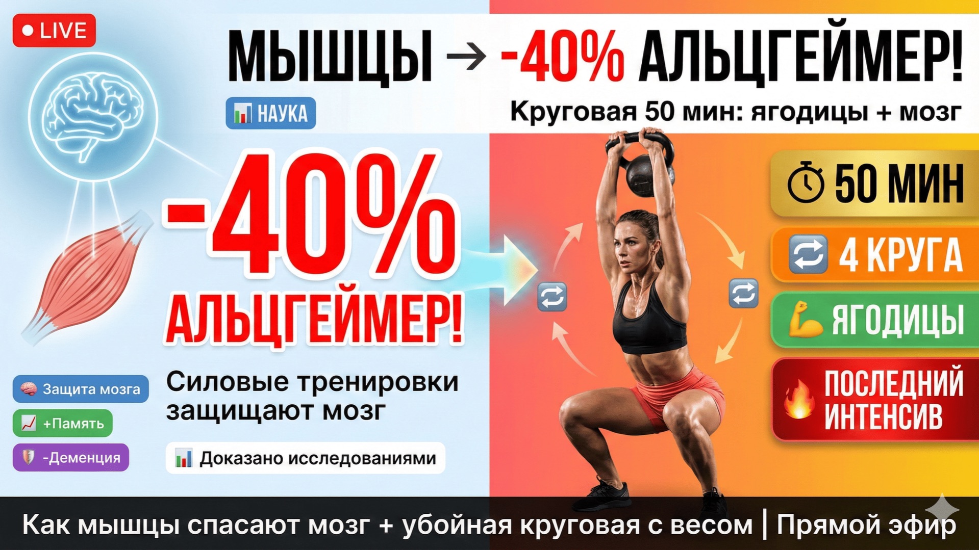 Мышцы снижают риск Альцгеймера на 40%! + Круговая тренировка ягодиц 50 мин
