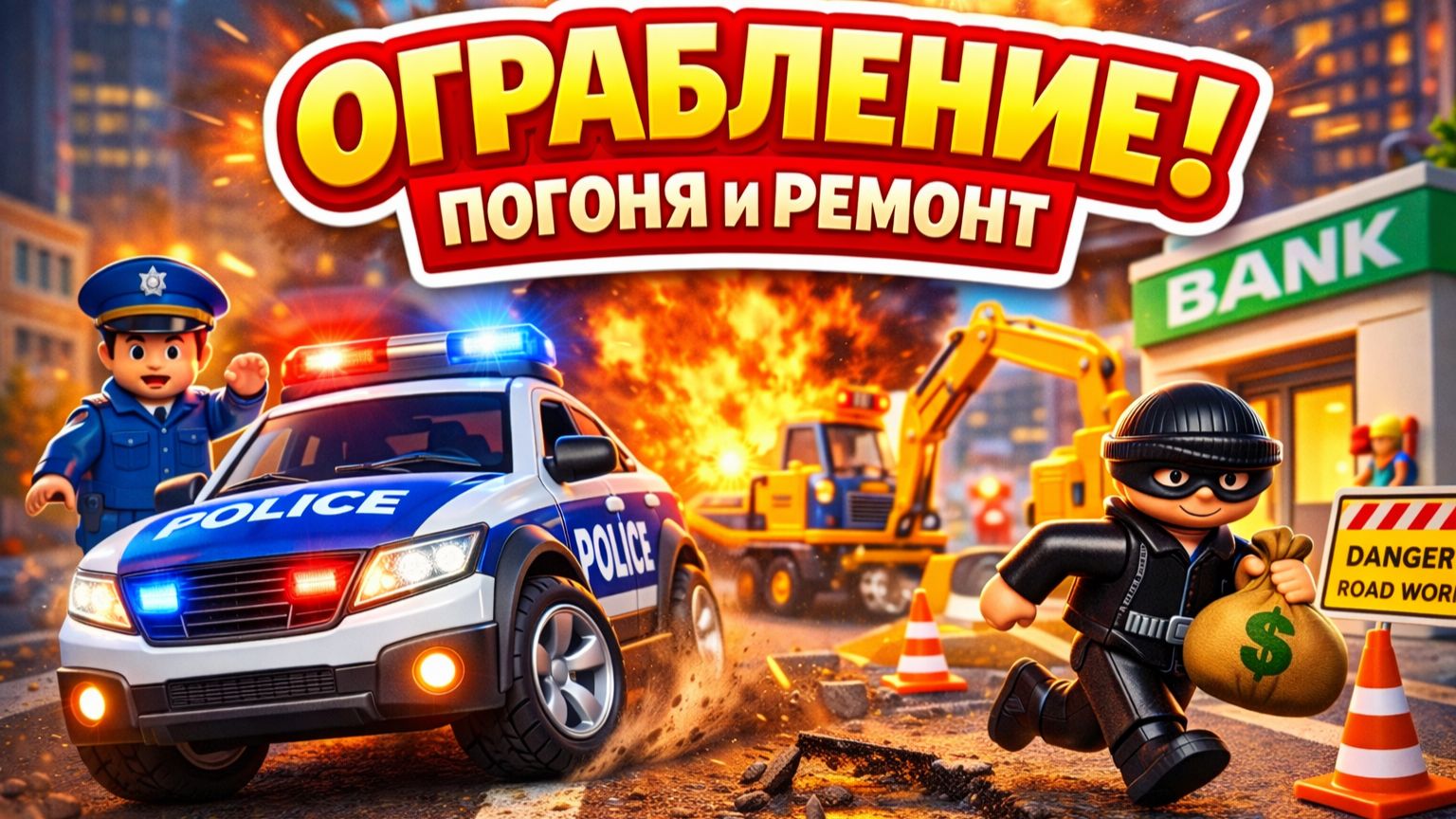 Ограбление в игрушечном городе! Погоня полиции и машинки спасают день 🚗 Мультик для детей