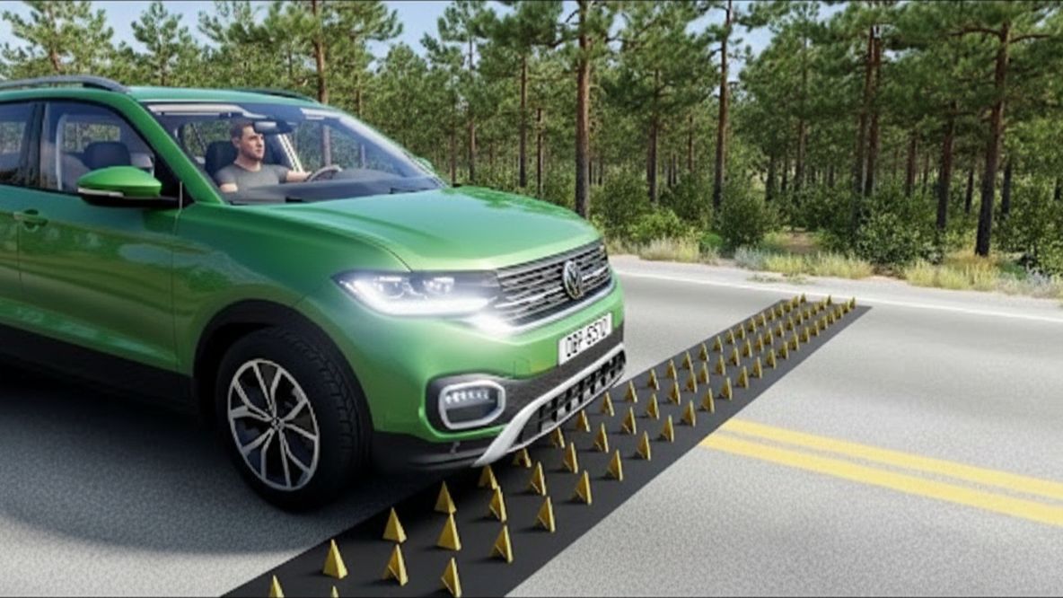 BeamNG Drive - Массивная авария с использованием шипованной ленты и столкновения автомобилей