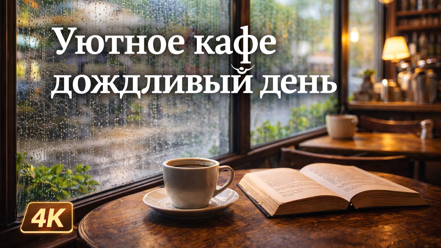 Уютное кафе в дождливый день ☕🌧️ Атмосфера дождя, звуки кофейни и лёгкая музыка (3 часа, 4K)