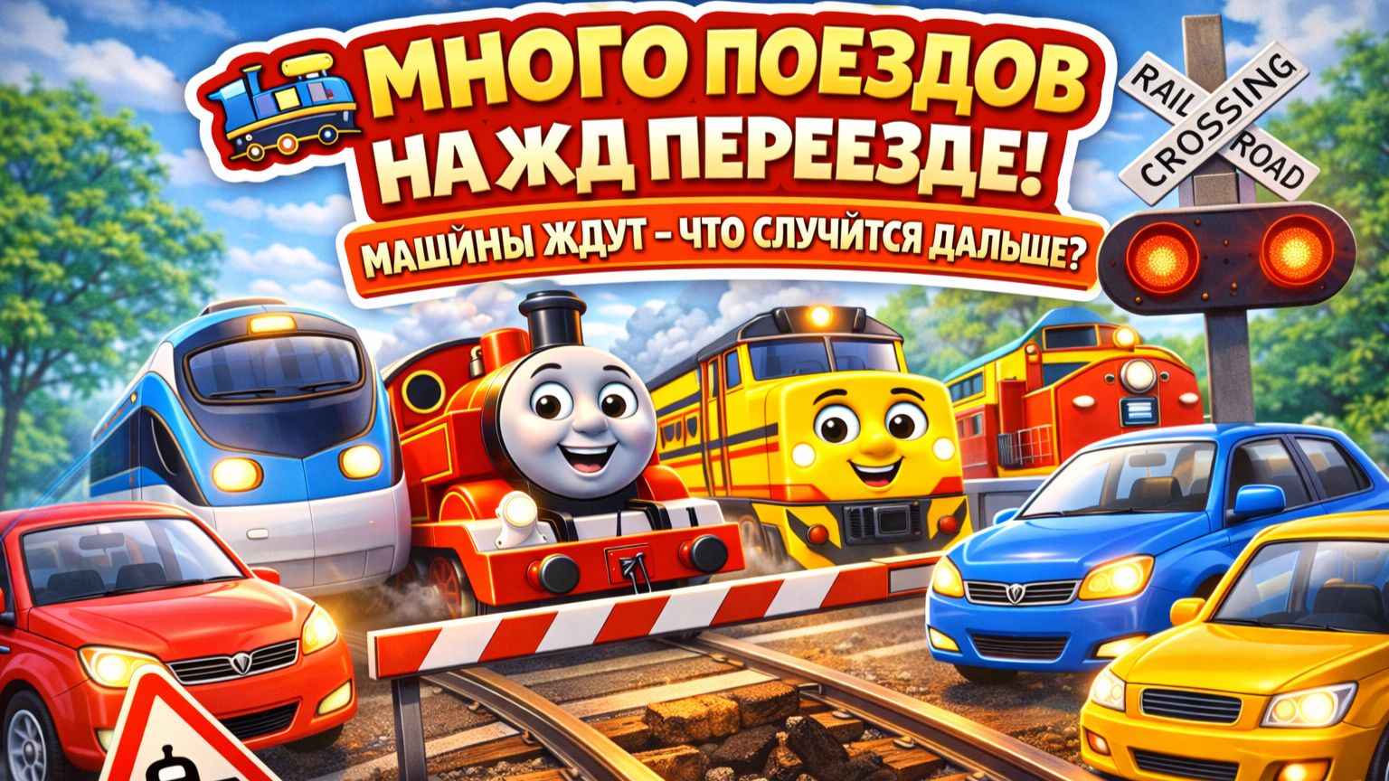 🚂 Много поездов на ЖД переезде! 🚗 Машины ждут — что случится дальше? Мультик для детей