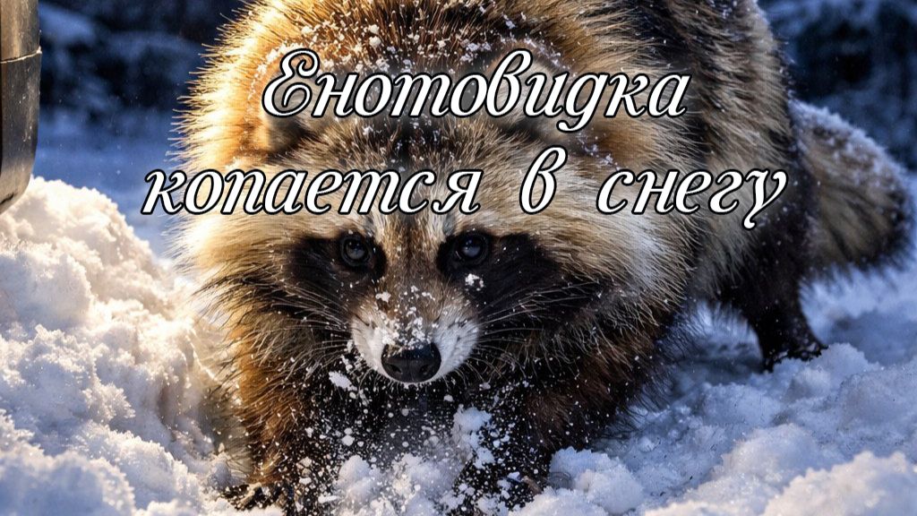 Енотовидка копается в снегу
