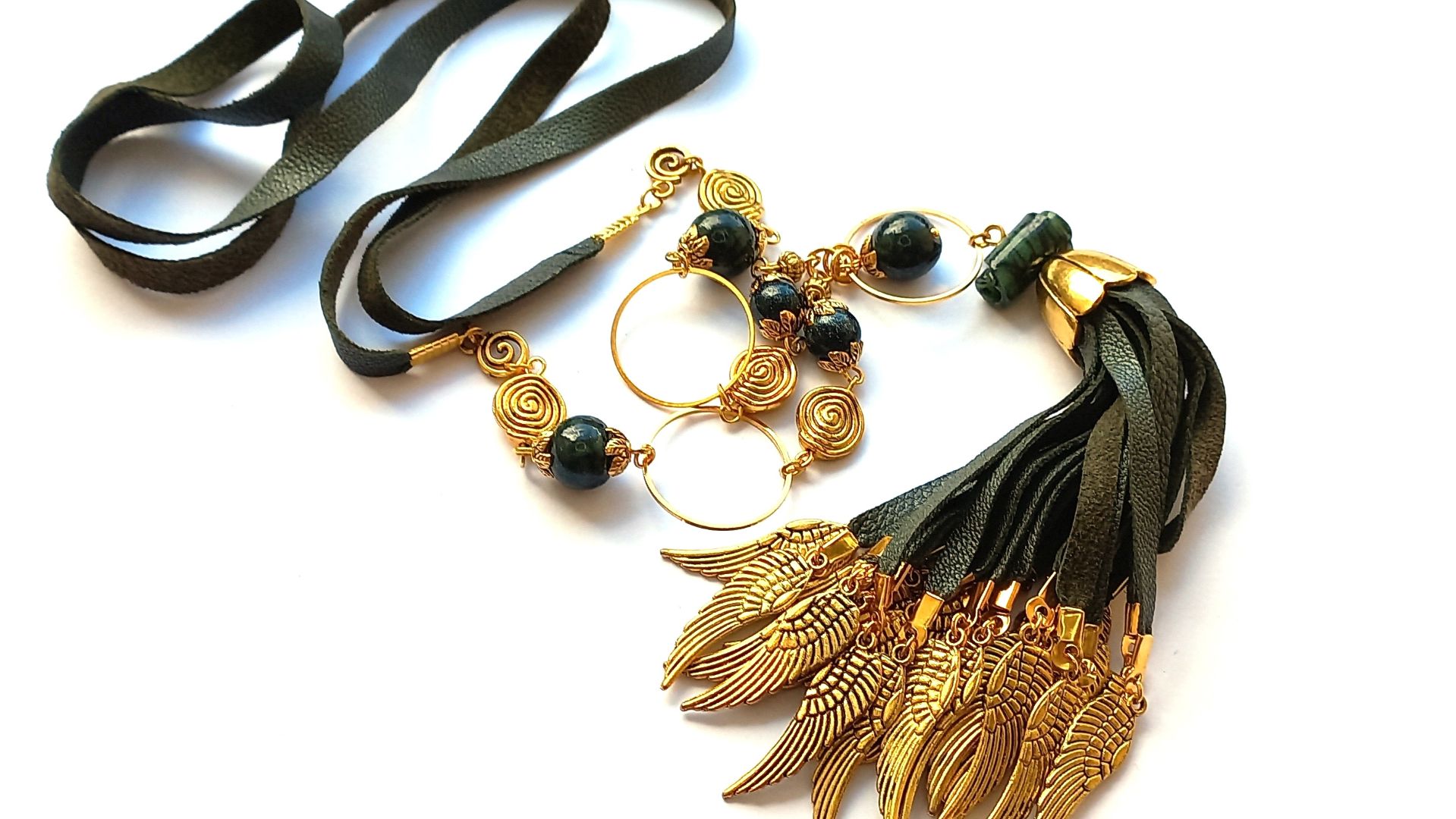 Темно-зеленый кожаный сотуар "Золотые крылья" с кистью полимерная глина (2526)