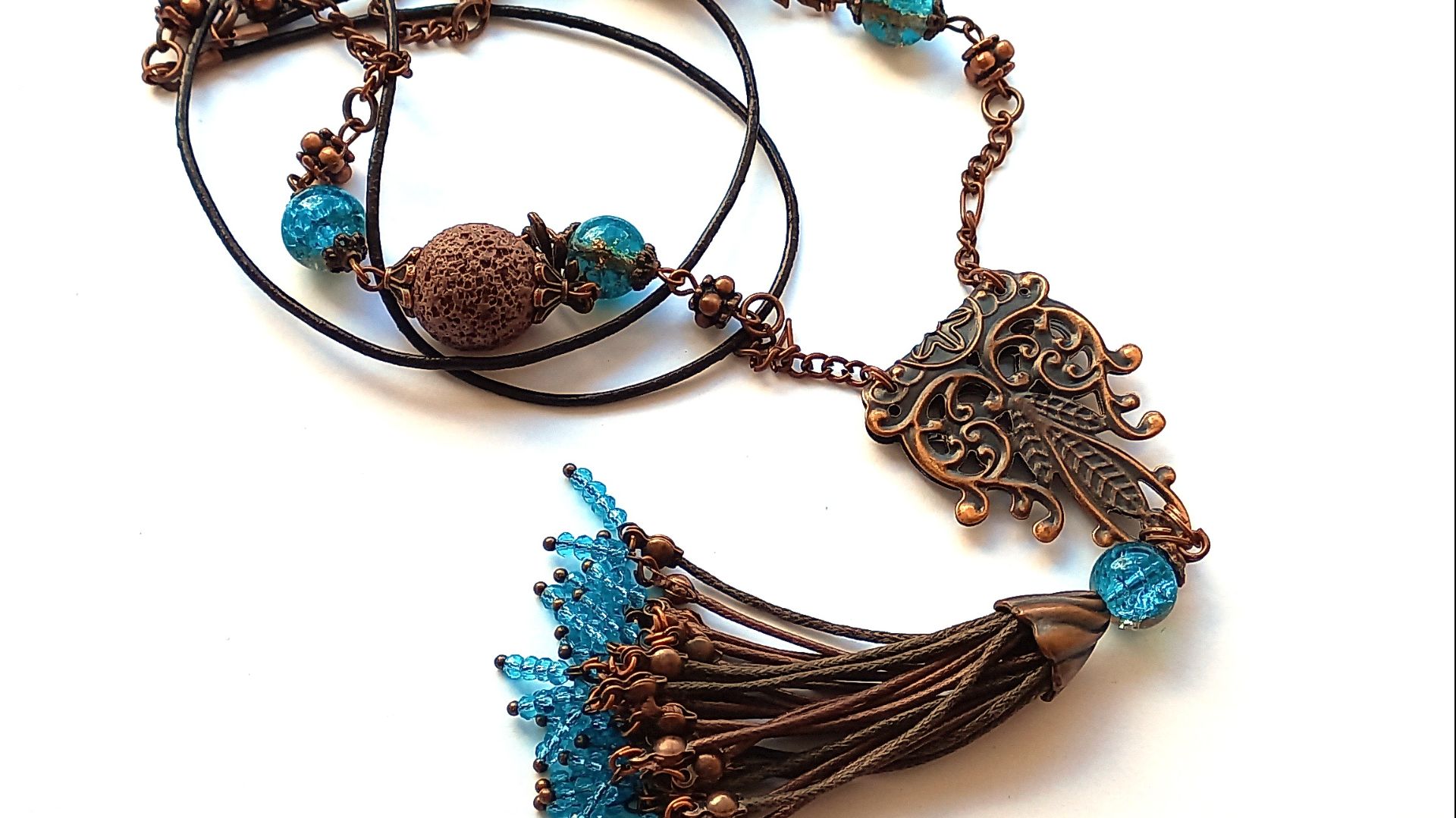 Бирюзово-коричневое колье с кистью из бисера и полимерной глины (2515)