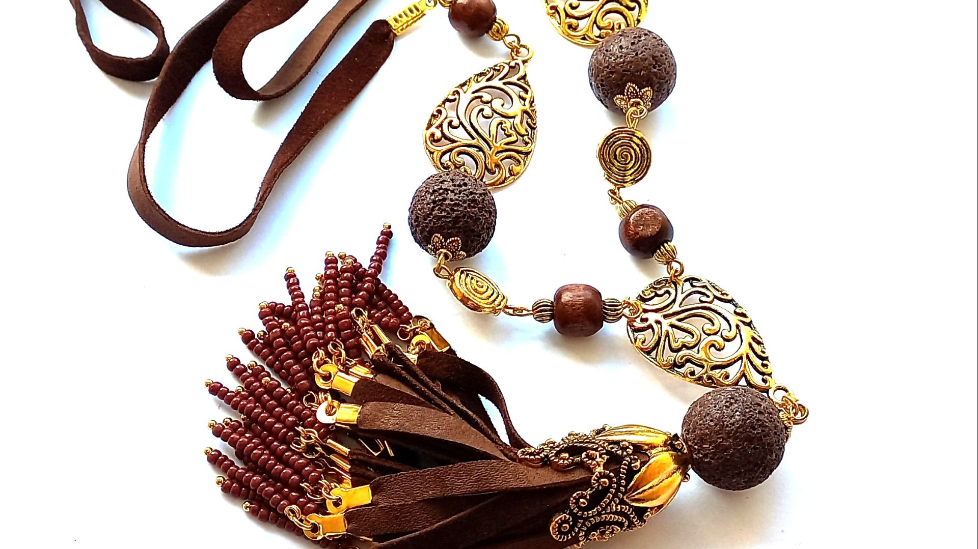 Коричневый кожаный сотуар с кистью полимерная глина дерево золотистый (2513)