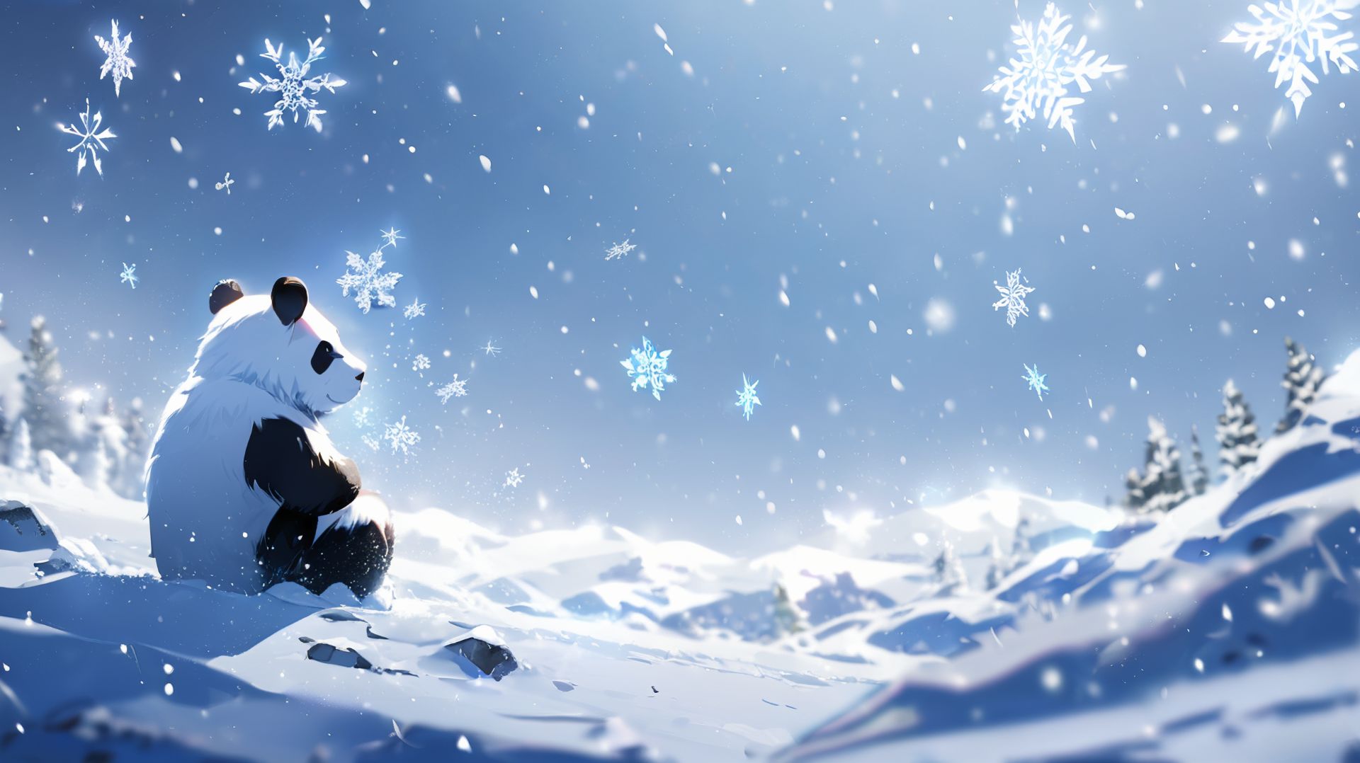 Панда сидит в снегу — спокойная анимация природы