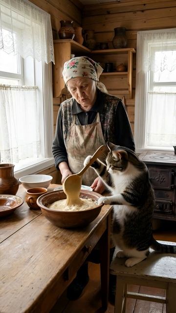«Кот замешивает тесто на блины»