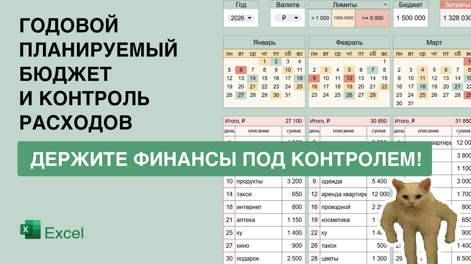 Годовой бюджет в Excel: таблица для контроля расходов #бюджет #учетрасходов #excel