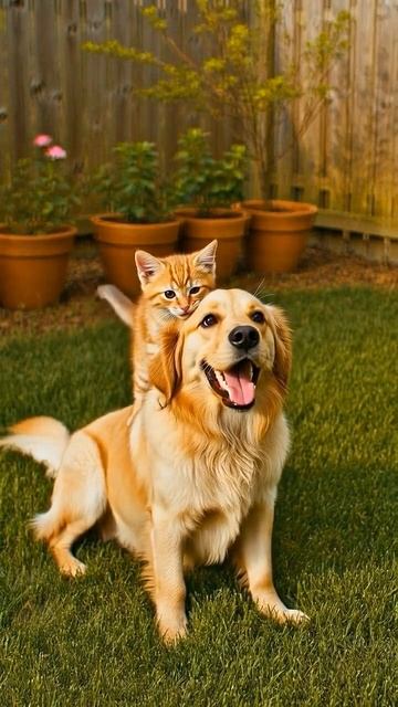 Забавные котенок и щенок резвятся во дворе