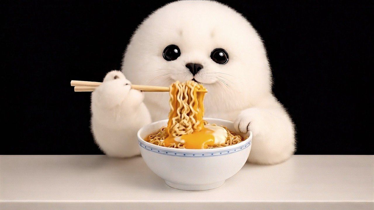 Милый тюлень ест японскую моментальную лапшу с яйцом 🍜🦭