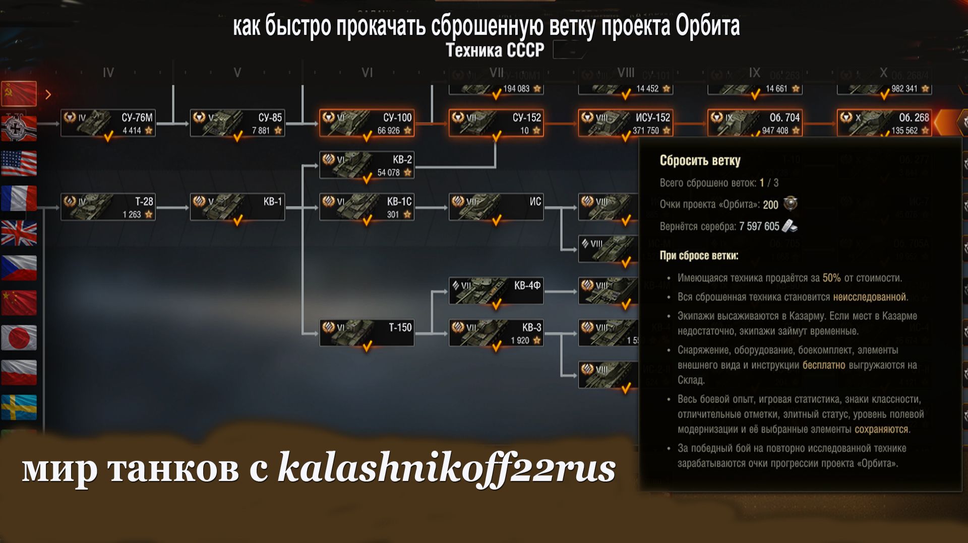 Как быстро прокачать сброшенную ветку в проекте Орбита Мира танков!