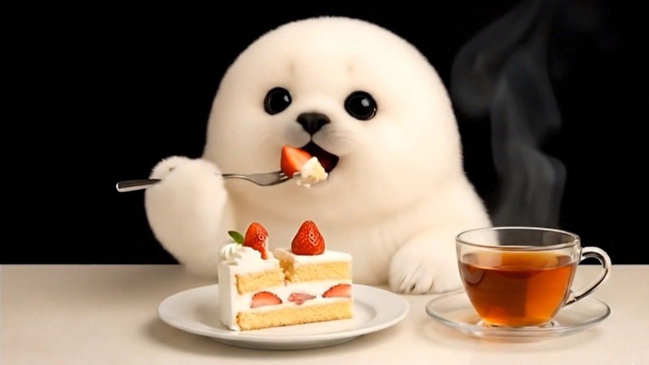 Тюлень наслаждается чаем и клубничным тортом 🦭🍓☕️