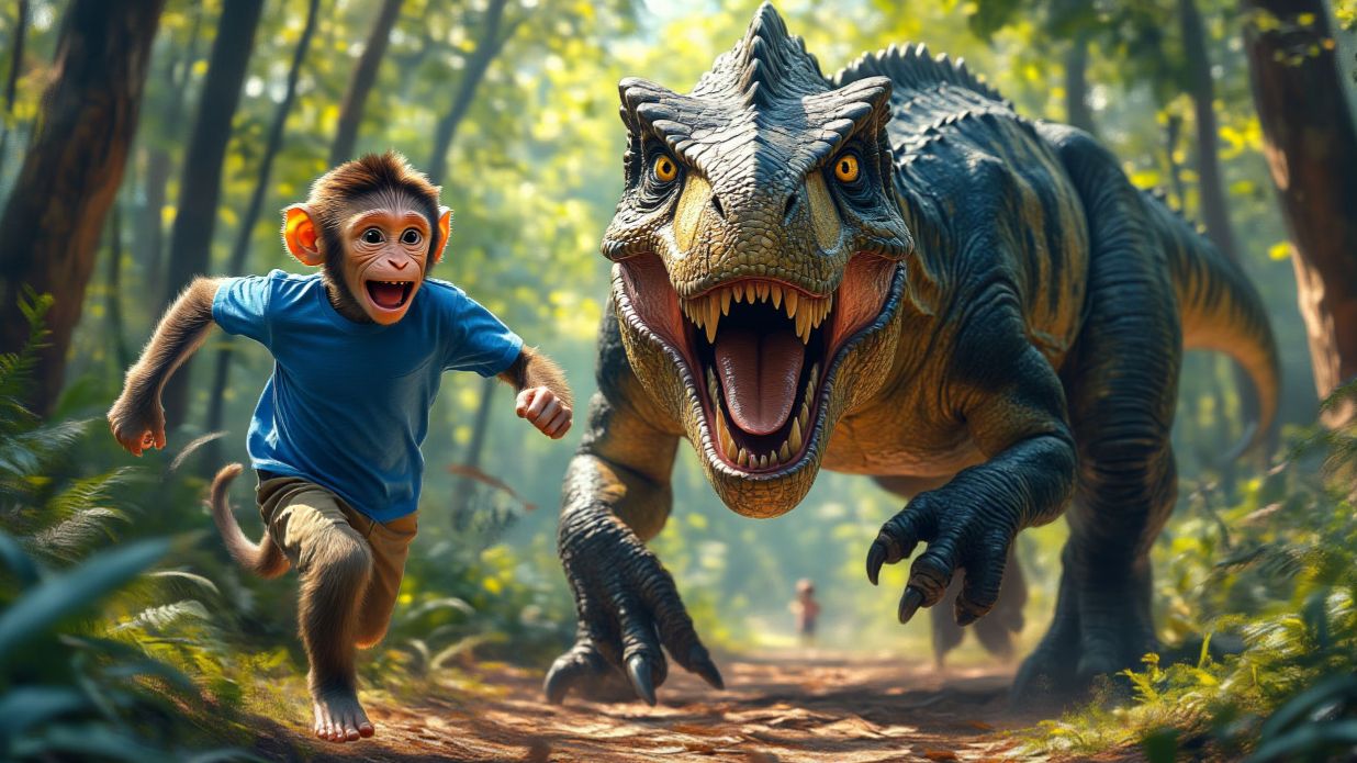 Мультики для детей, обезьянка убегает от динозавра.