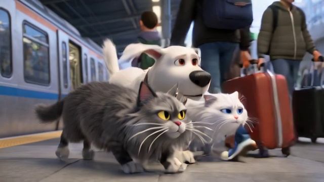 Хвостатые в электричке.Выходим! Держитесь за мной и не теряйтесь в толпе.