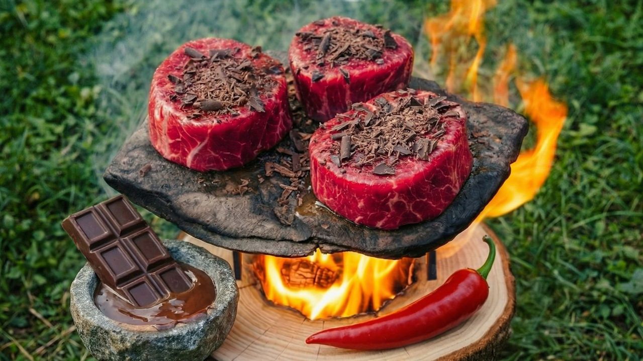 Приготовление стейка на открытом огне и камне.