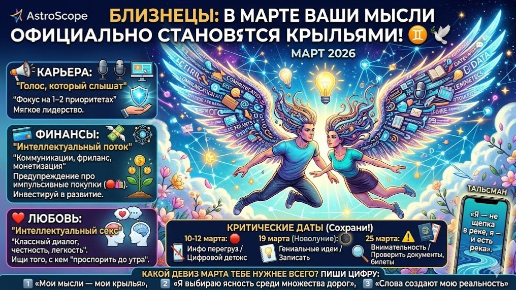БЛИЗНЕЦЫ — Гороскоп на март 2026: Энергия общения и новые горизонты