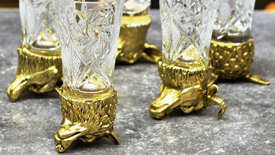 Cтопки-перевертыши большие головы Лесные звери латунь/хрусталь