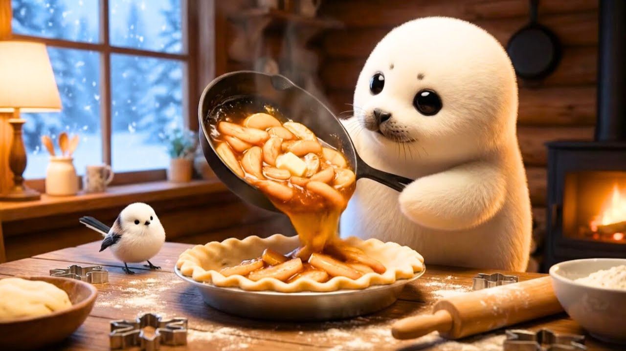 Тёплый яблочный пирог от тюленя в снежный день