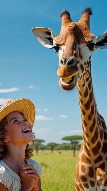 Девочка кормит жирафа бананом