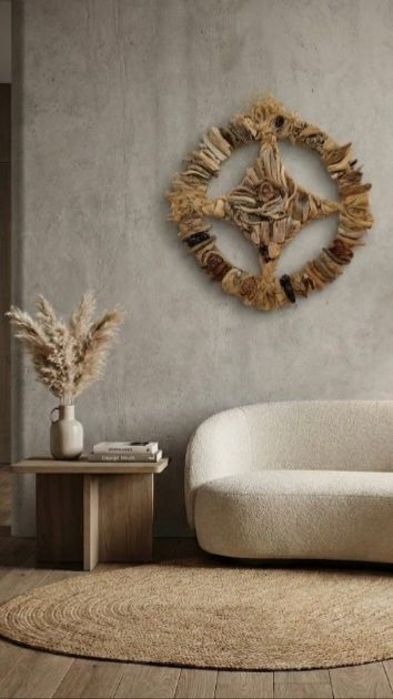 Круглое интерьерное панно «Природная гармония» из дрифтвуда и джута.