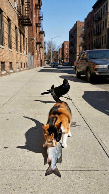 «Ворона пытается отобрать рыбу у кота 🐈⬛🐦»