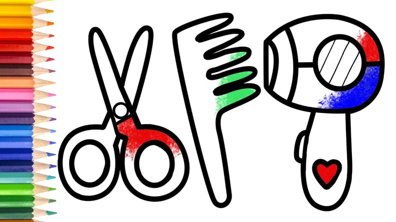 мультик для детей-Как нарисовать РАСЧЕСКУ,ФЕН, И НОЖНИЦЫ для детей/Рисунок РАСЧЕСКИ,ФЕНА И НОЖНИЦЫ