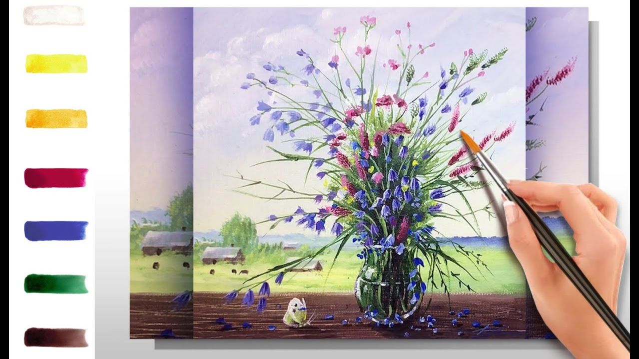 Луговые цветы. Как нарисовать букет в пейзаже АКРИЛ! Сезон 10-5 | Мастер-класс ДЕМО