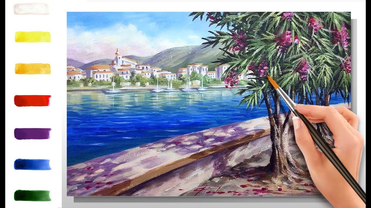 Набережная у моря. Как нарисовать пейзаж АКРИЛ! Мастер-класс ДЕМО