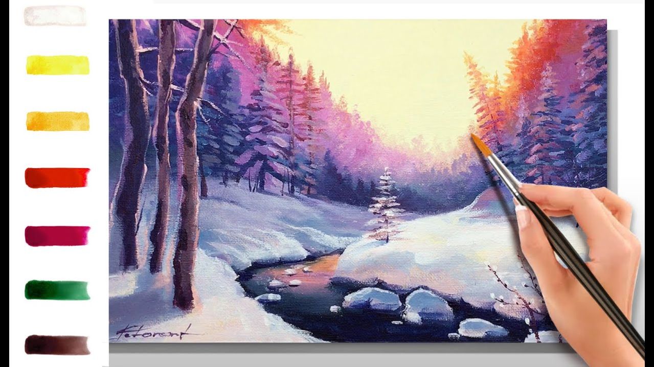 Зимний закат. Как нарисовать пейзаж АКРИЛ! Сезон 9-3 | Мастер-класс ДЕМО