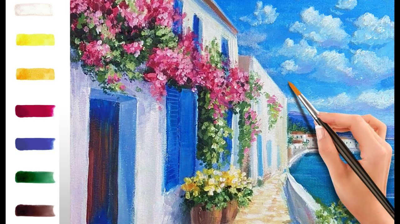 Набережная у моря. Как нарисовать пейзаж АКРИЛ! Мастер-класс ДЕМО