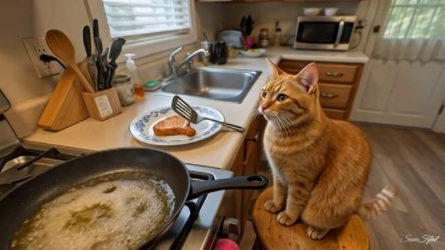 Кот себе жарит отбивную