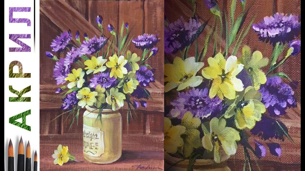 Васильки и Примула. Как нарисовать букет цветов АКРИЛ! Сезон 6-6 | Мастер-класс ДЕМО