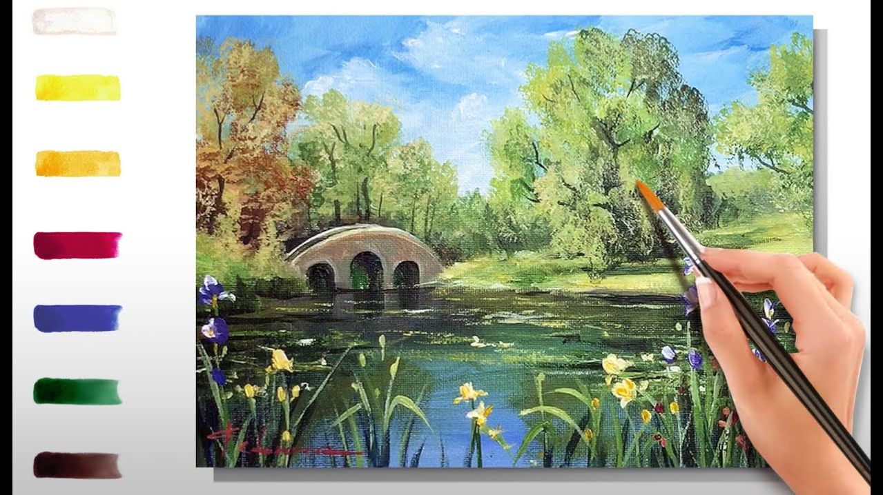 Ирисы у озера. Как нарисовать пейзаж АКРИЛ! Мастер-класс ДЕМО