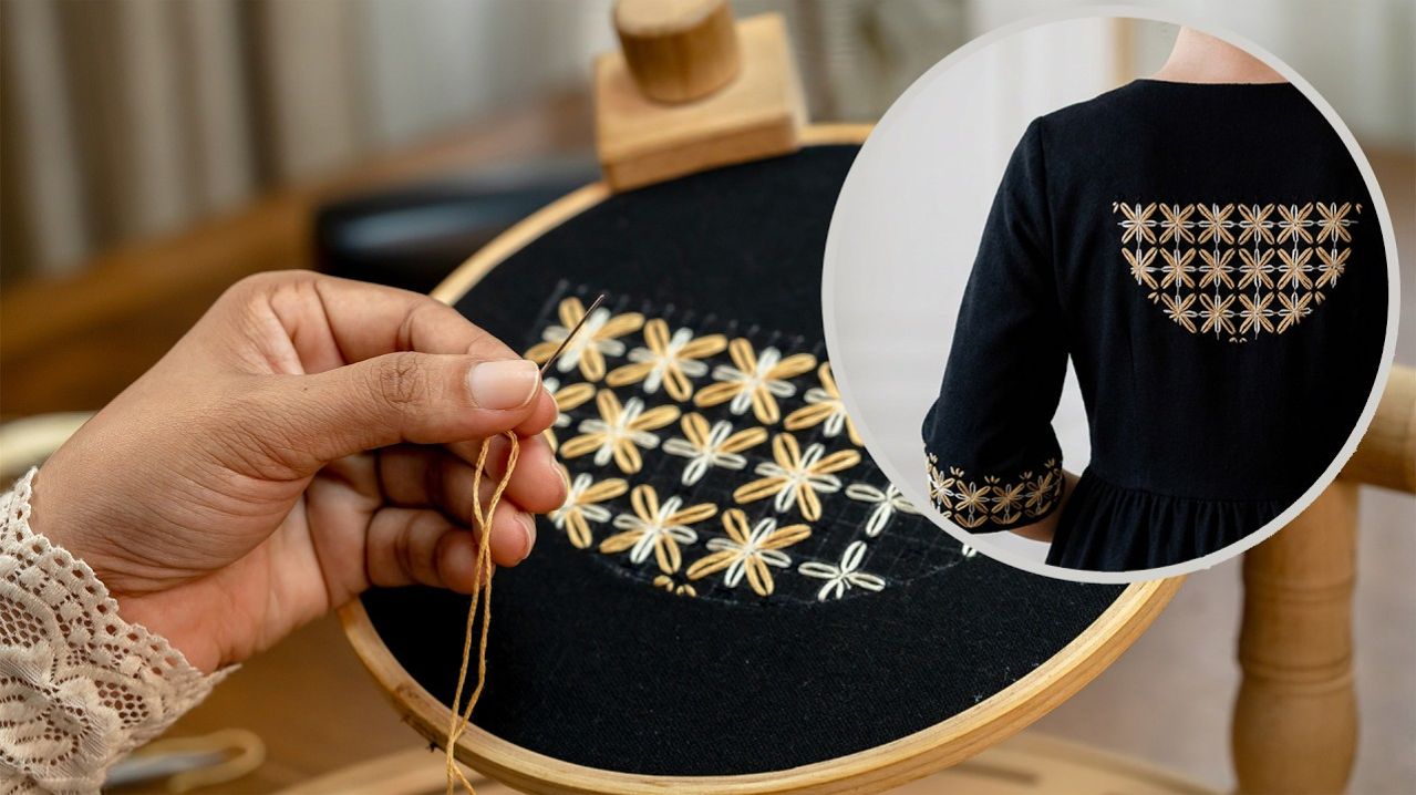 Геометрическая вышивка цветов в современном стиле: на джинсе и платьях