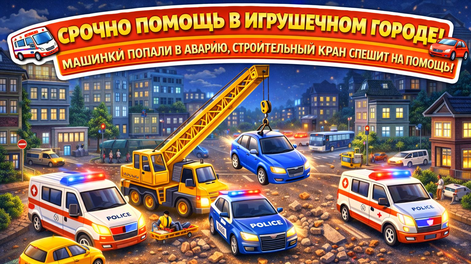 🚑 Скорая помощь в игрушечном городе! 🚗 Машинки попали в аварию, строительный кран спешит на помощь
