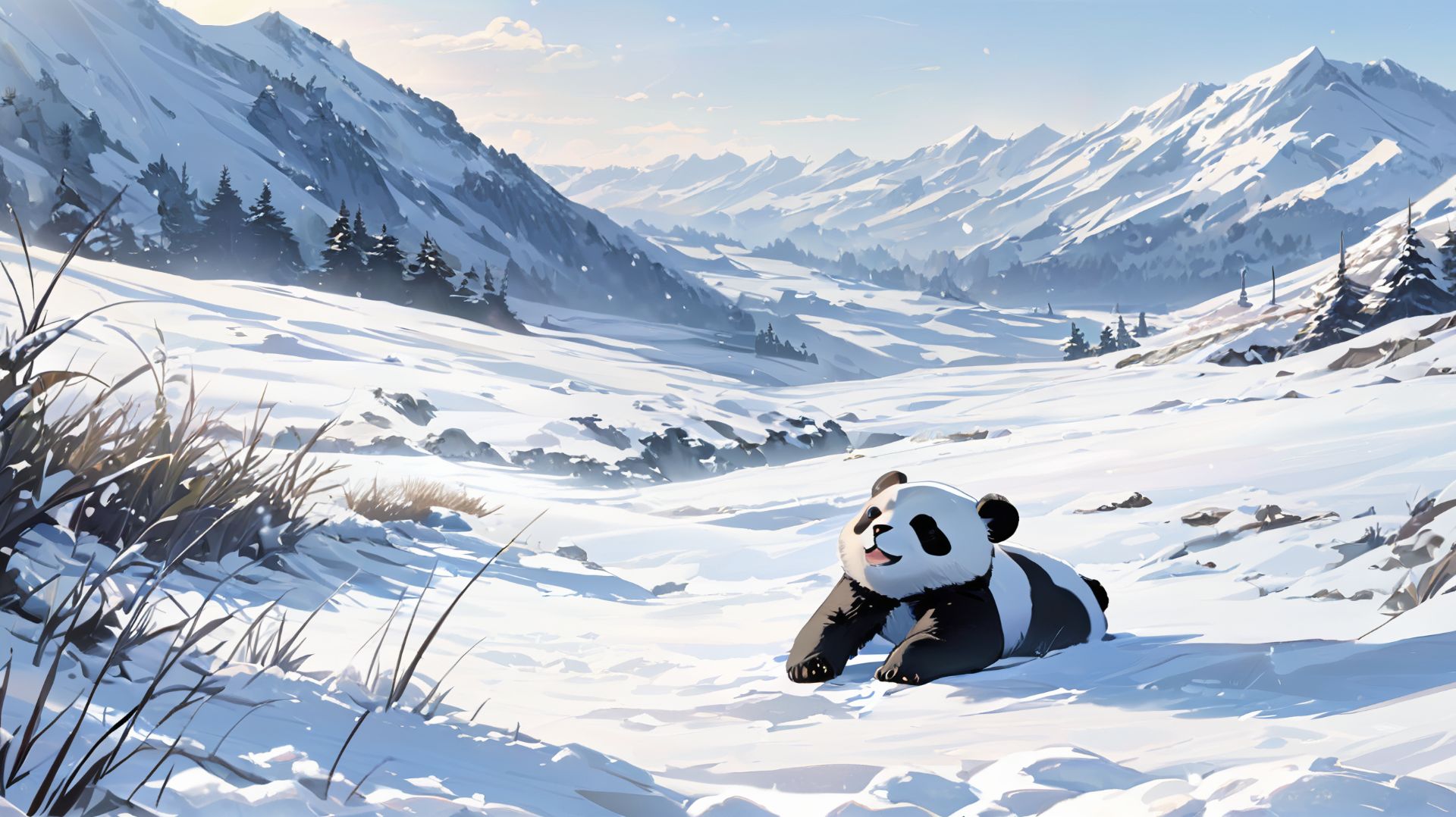 Панда в снежных горах — спокойная анимация природы