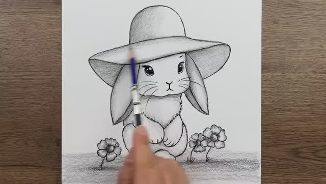 Как нарисовать милого кролика в шляпе карандашом