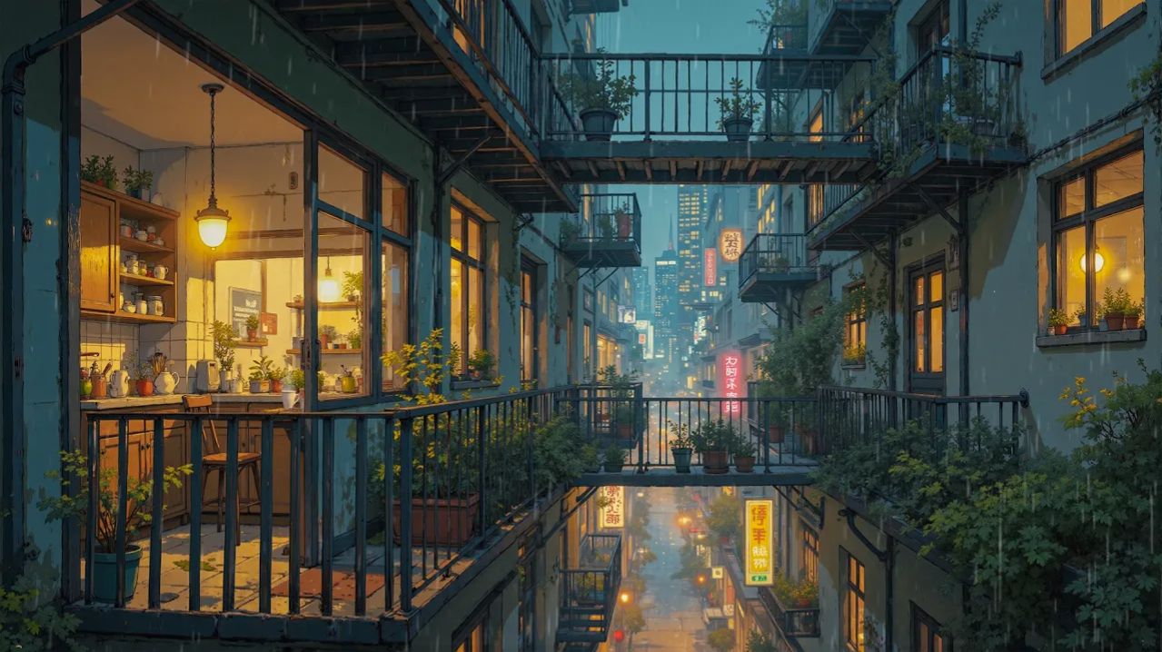 Soft Rain & Warm Rooms ☕ A Hidden Balcony Above the Neon Streets  Lofi Beats to Unwind & Rest