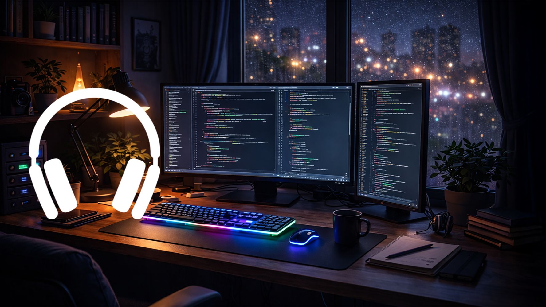 Lo-fi hip-hop 4 часа 💻 Ночной стол программиста под дождём, музыка для работы и концентрации