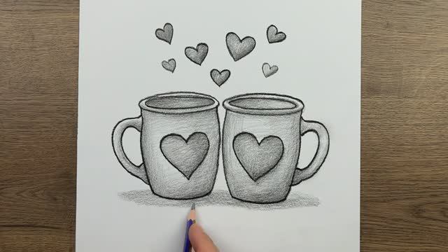 Как шаг за шагом нарисовать две чашки в форме сердца карандашом