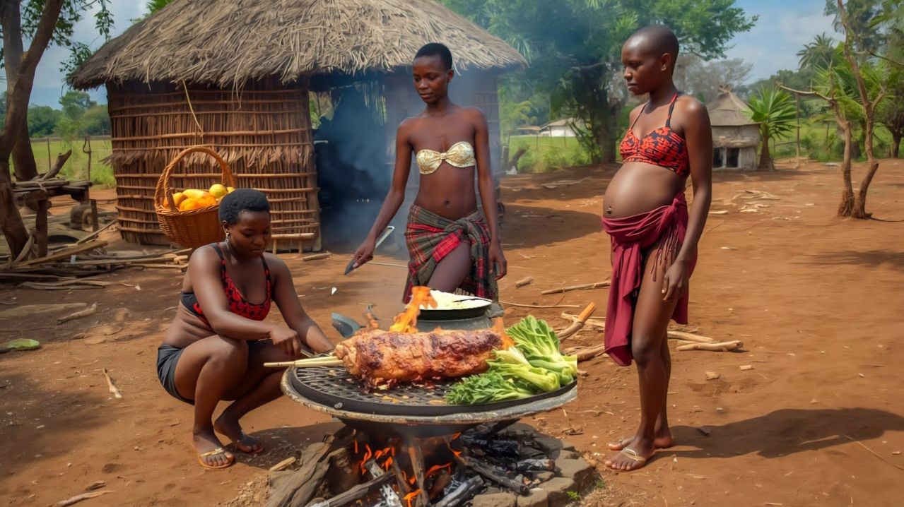 Африканские женщины готовят вкусную традиционную еду для своей семьи. Деревенская жизнь в Кении